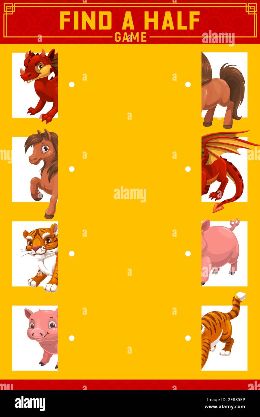 Children find right half game with Chinese zodiac animals. Child ...