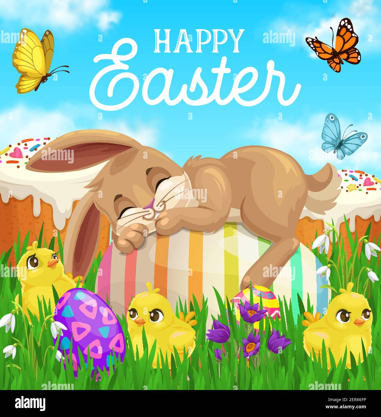 Easter bunny sleeping on egg vector greeting card with green grass ...