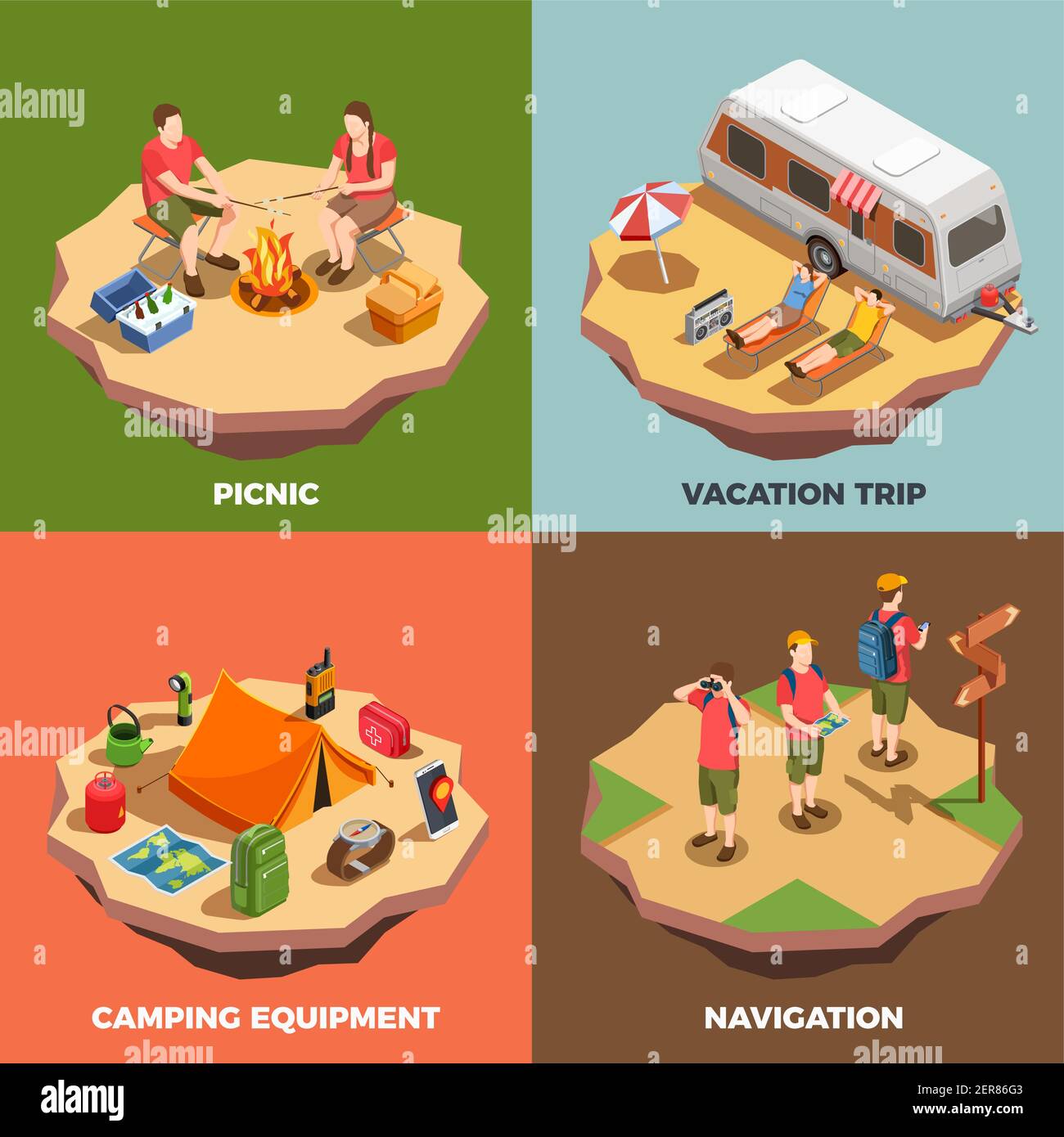 Camping hiking isometric icons 2x2 design concept with compositions of ...