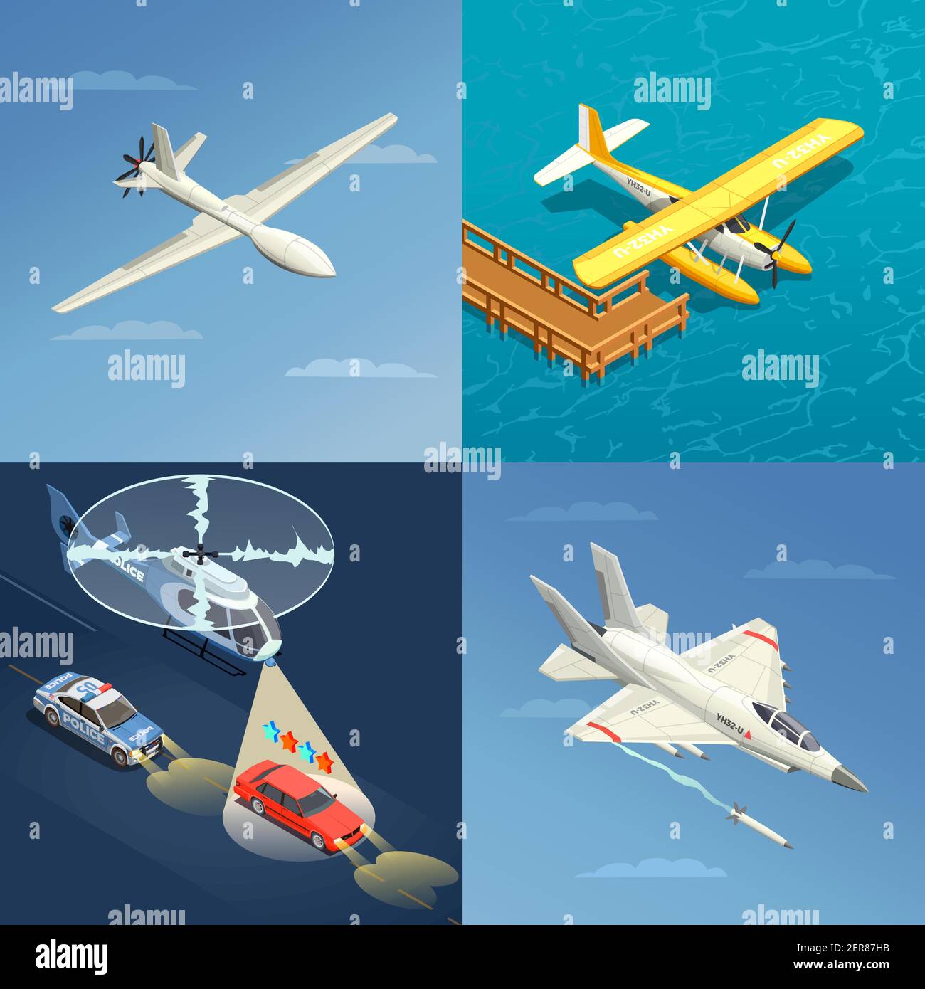 Airplanes helicopters isometric 2x2 design concept with images of ...