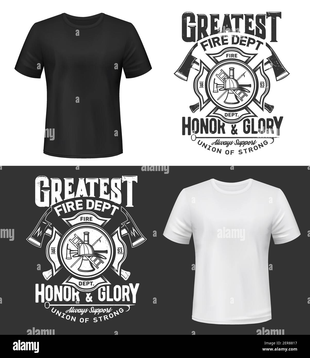 Tshirt print with firefighters helmet, ax, ladder and water tower ...