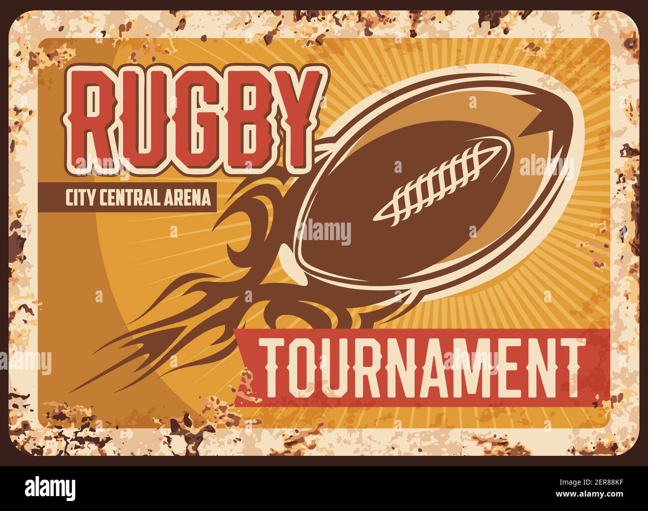 Rugby tournament rusty metal plate, vector sport ball flying motion ...