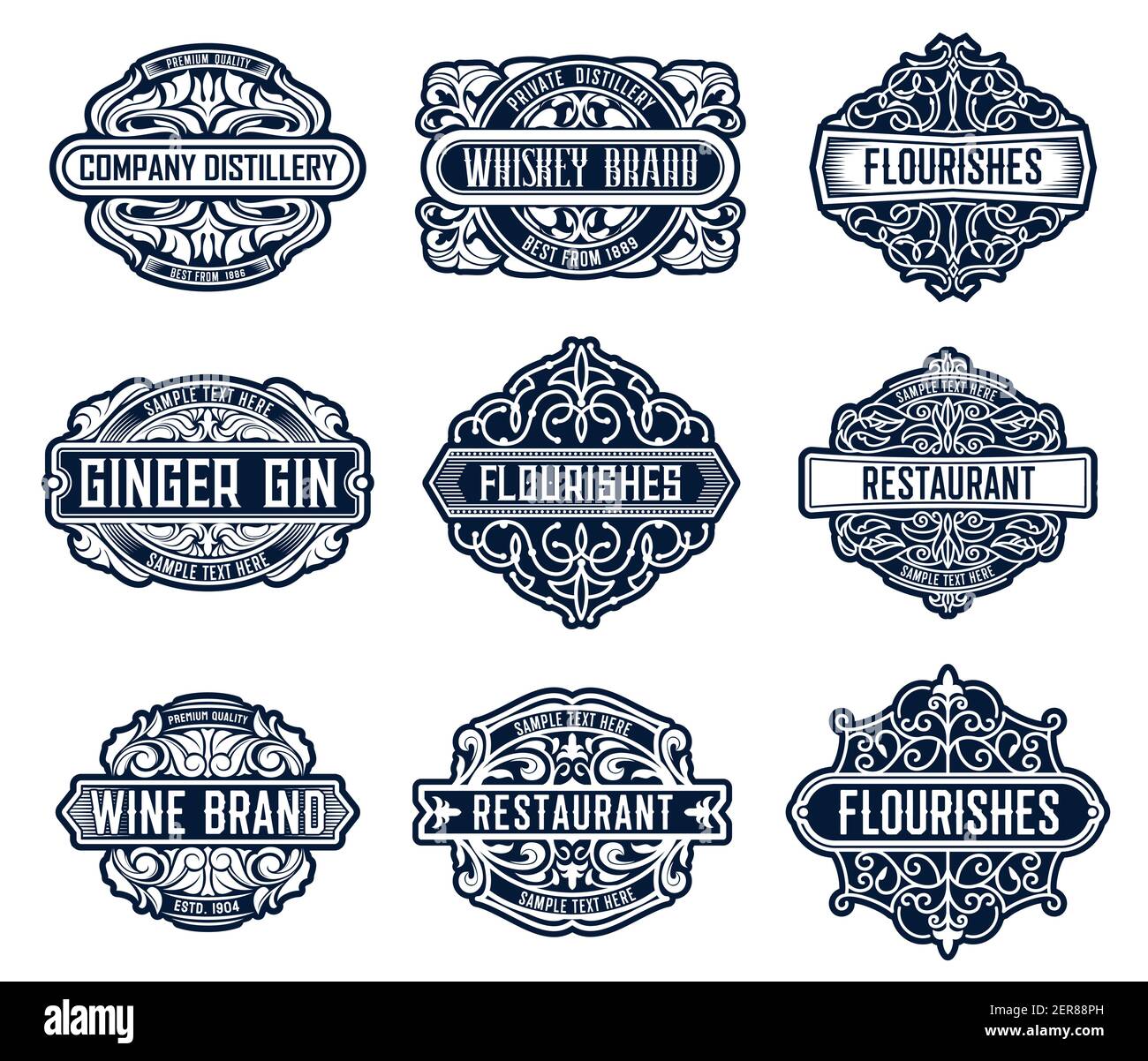 Flourishes vector labels, luxury templates with floral ornament ...