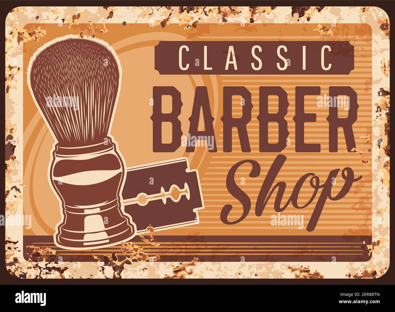 Barbershop rusty metal plate, vector vintage rust tin sign with classic ...