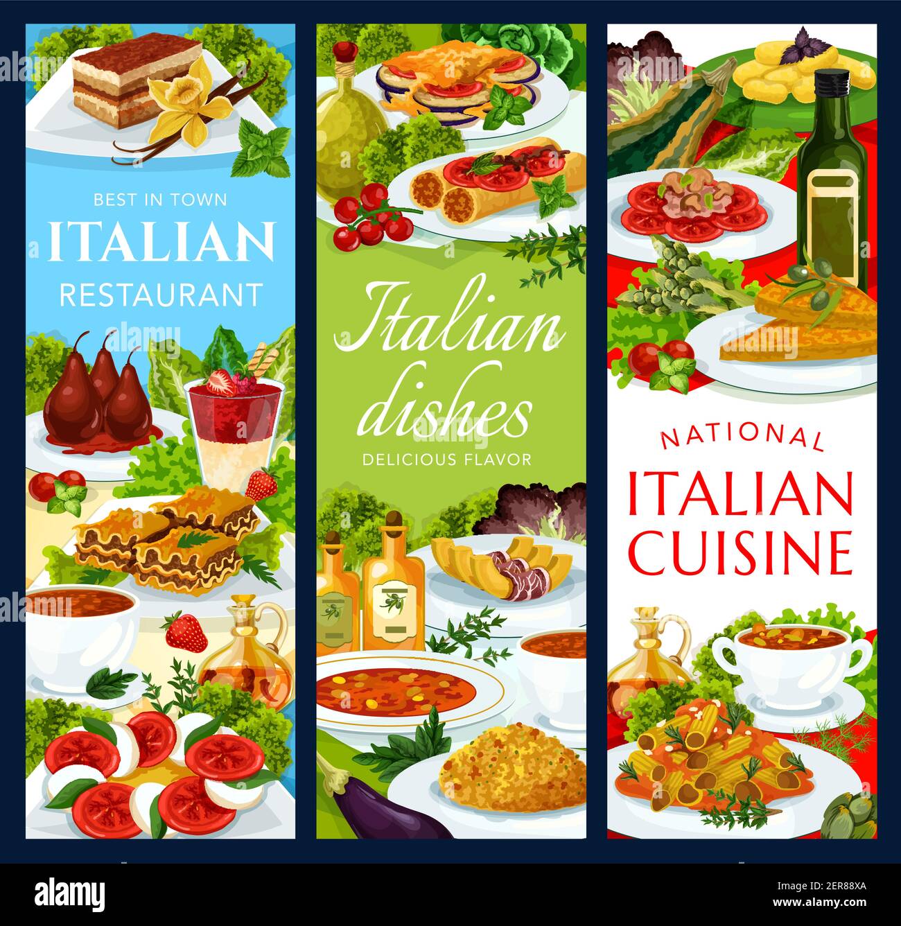 Italian cuisine vector vegetable cheese pmelette, strawberry cream ...