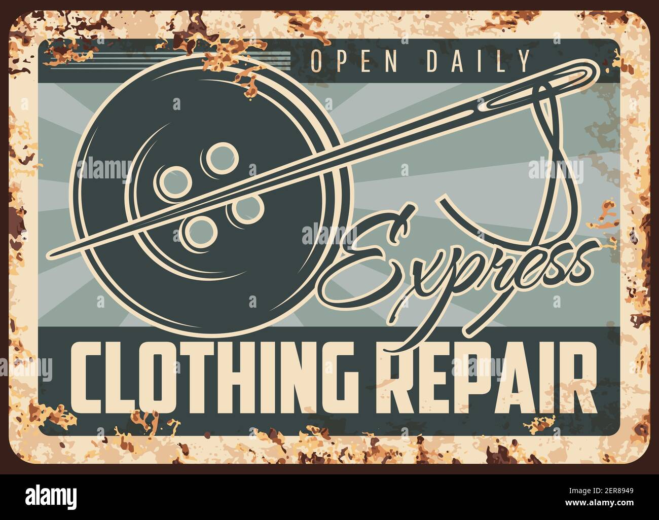 Express clothing repair rusty metal plate, vector tailor shop vintage ...