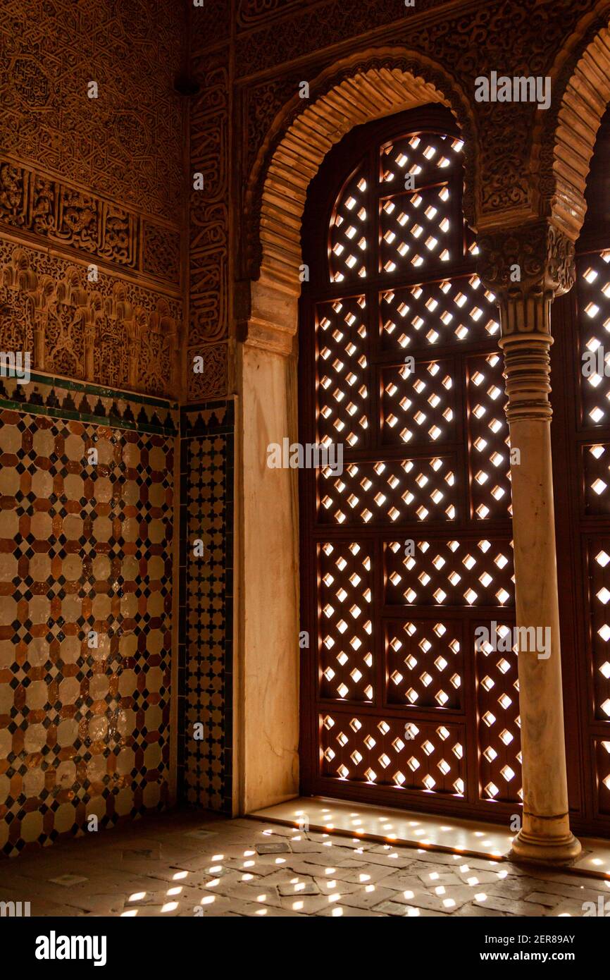 07-13-2010 Granada, Spain: Inside the Alhambra palace, close up view of ...
