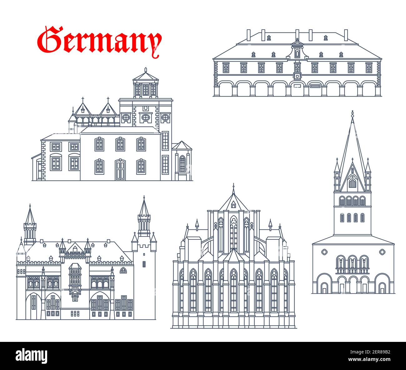 Germany landmark buildings and travel icons, Aachen churches ...
