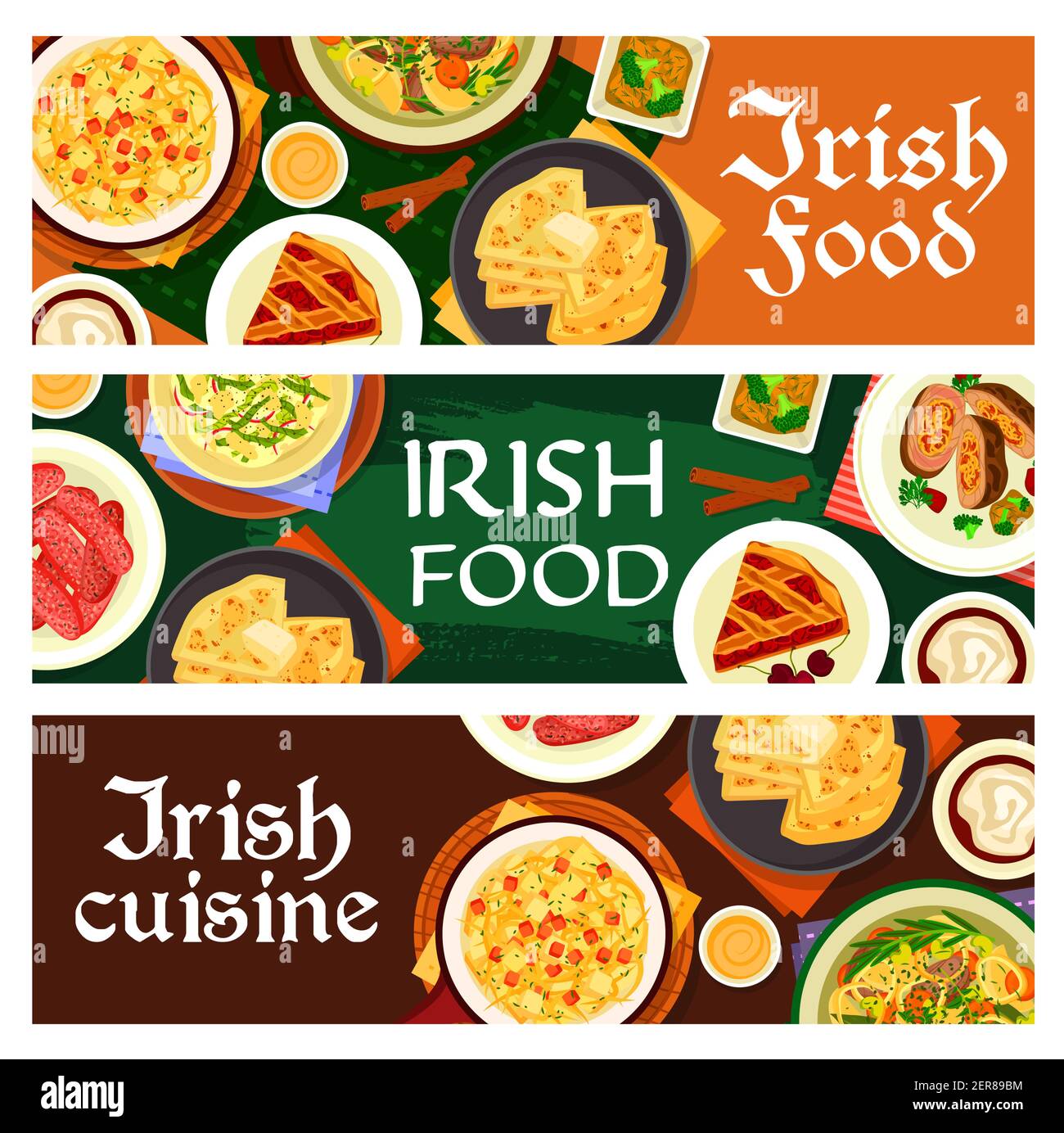 Irish food vector homemade pork sausages, cherry pie and vegetable ...