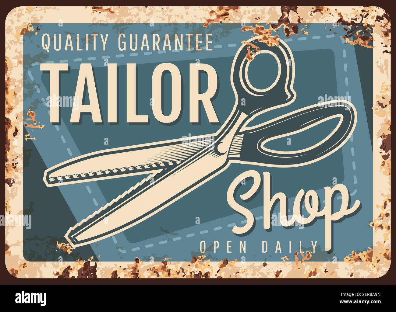 Tailor shop rusty metal plate with scissors and sewing stitch on vector ...