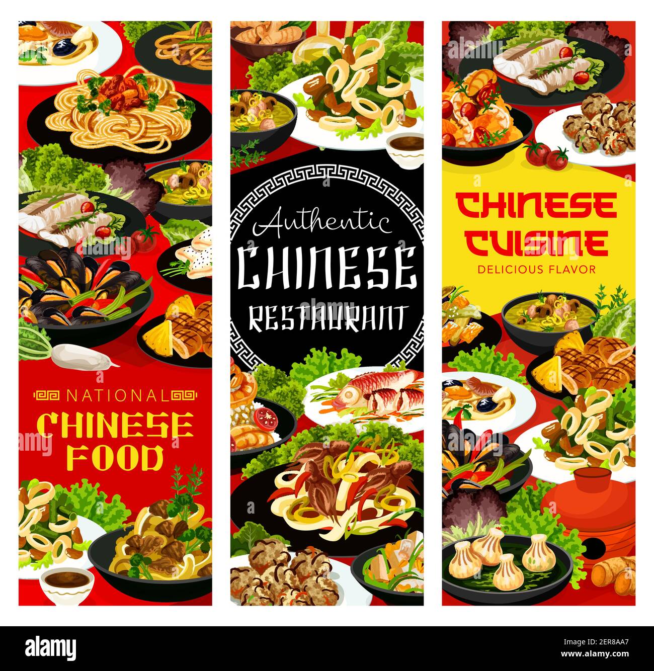 Chinese cuisine vector meals mussels with black beans and red pepper ...