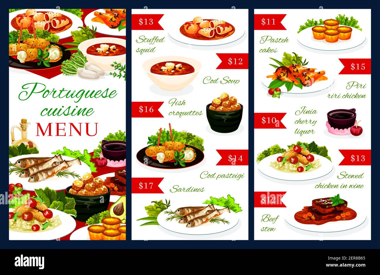 Portuguese vector menu template stuffed squid, cod soup, pasteigi, fish ...