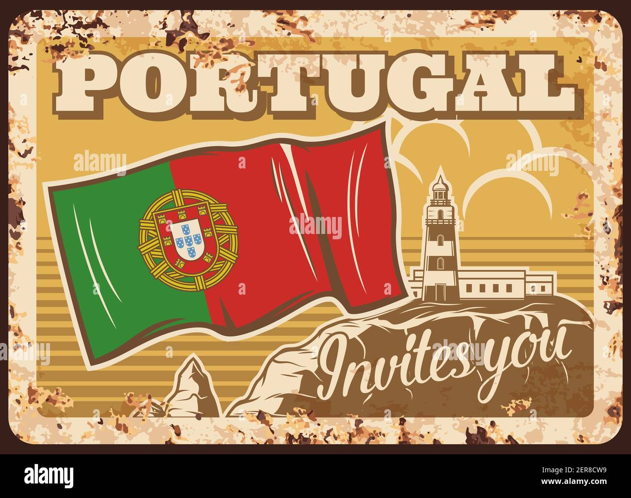 Portugal travel, Portuguese flag metal plate rusty, vector retro poster ... Portugal travel, Portuguese flag metal plate rusty, vector retro poster ...