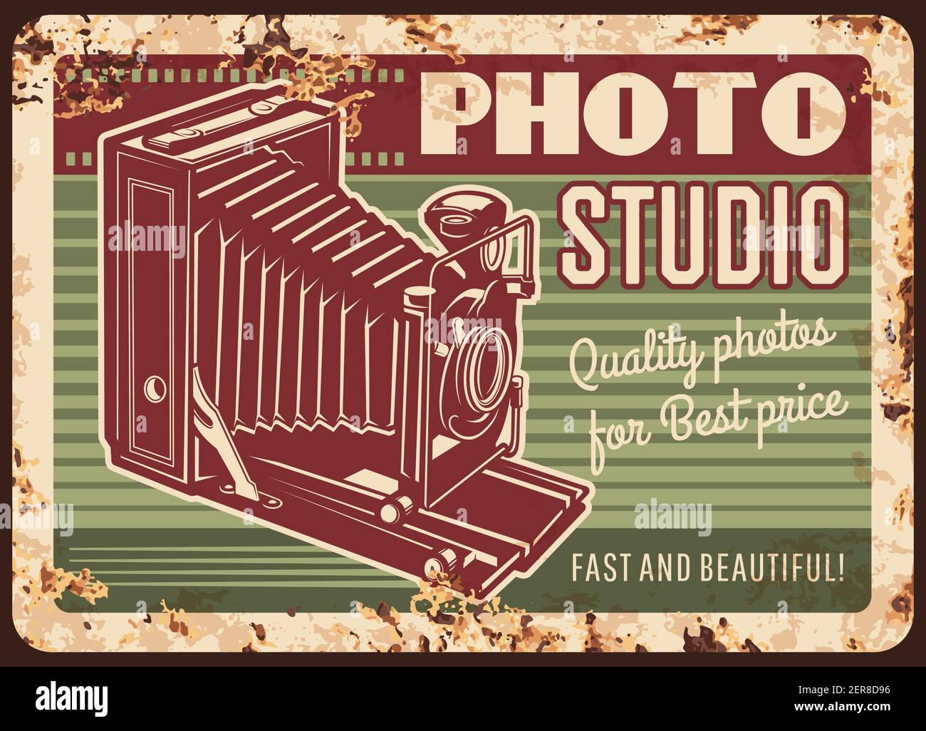 Photo studio metal plate rusty with retro camera, vector vintage poster ...