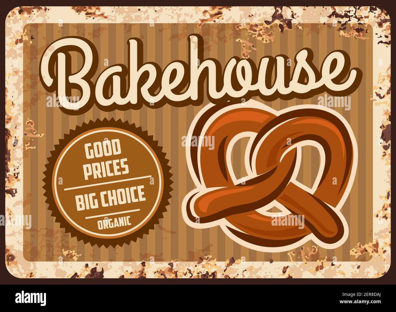 Bakehouse rusty metal plate, vector bakery shop production vintage rust ...