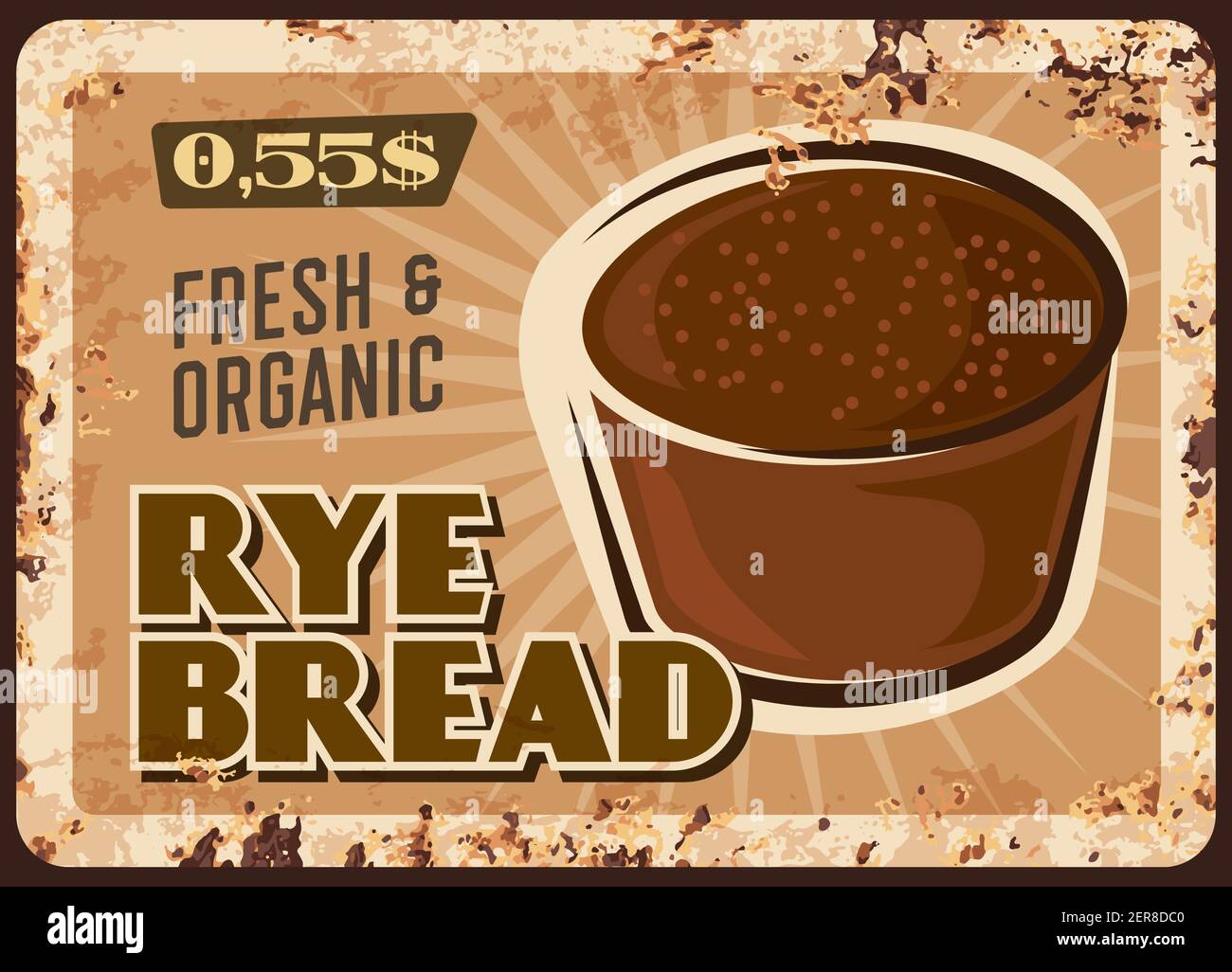 Rye bread rusty metal plate, vector dark whole grain bakery, round loaf ...