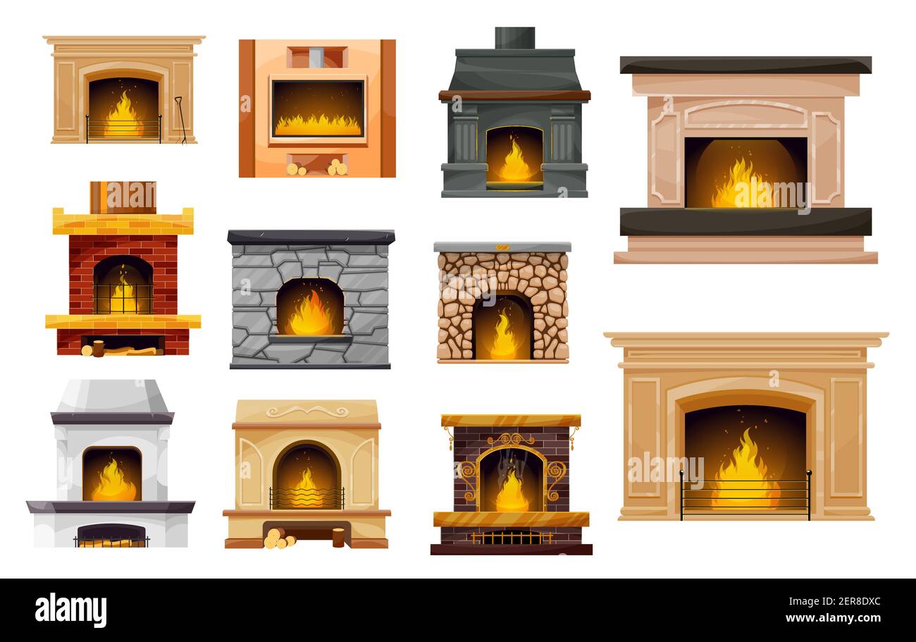 Fireplace with fire isolated vector icons of home and room interior ...