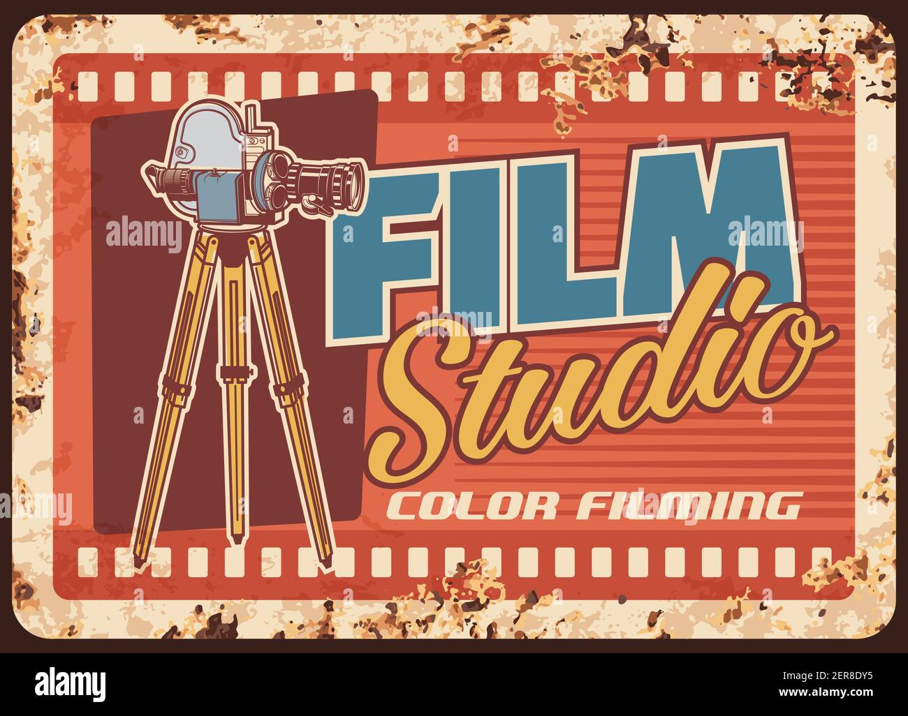 Film studio rusty metal plate, cinema or movie entertainment vector ...