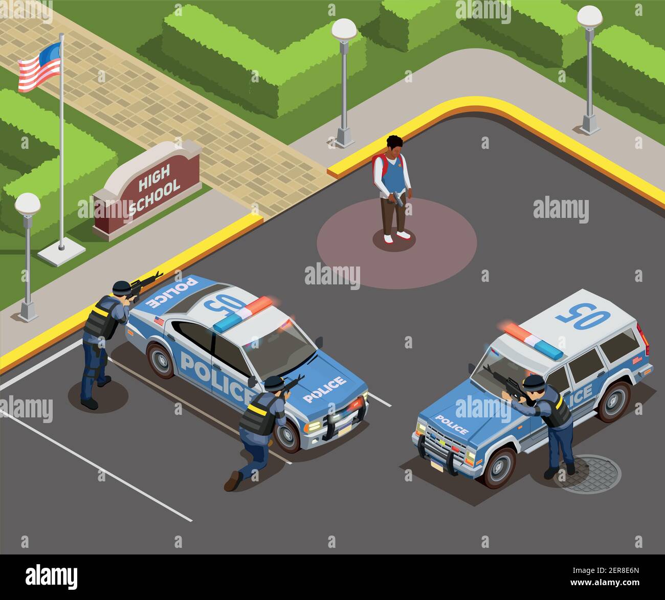 High school isometric people composition of outdoor police cordon with ...