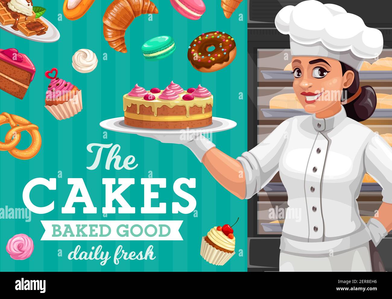 Woman Baker With Cake Pastries And Sweet Food Vector Cartoon Pastry