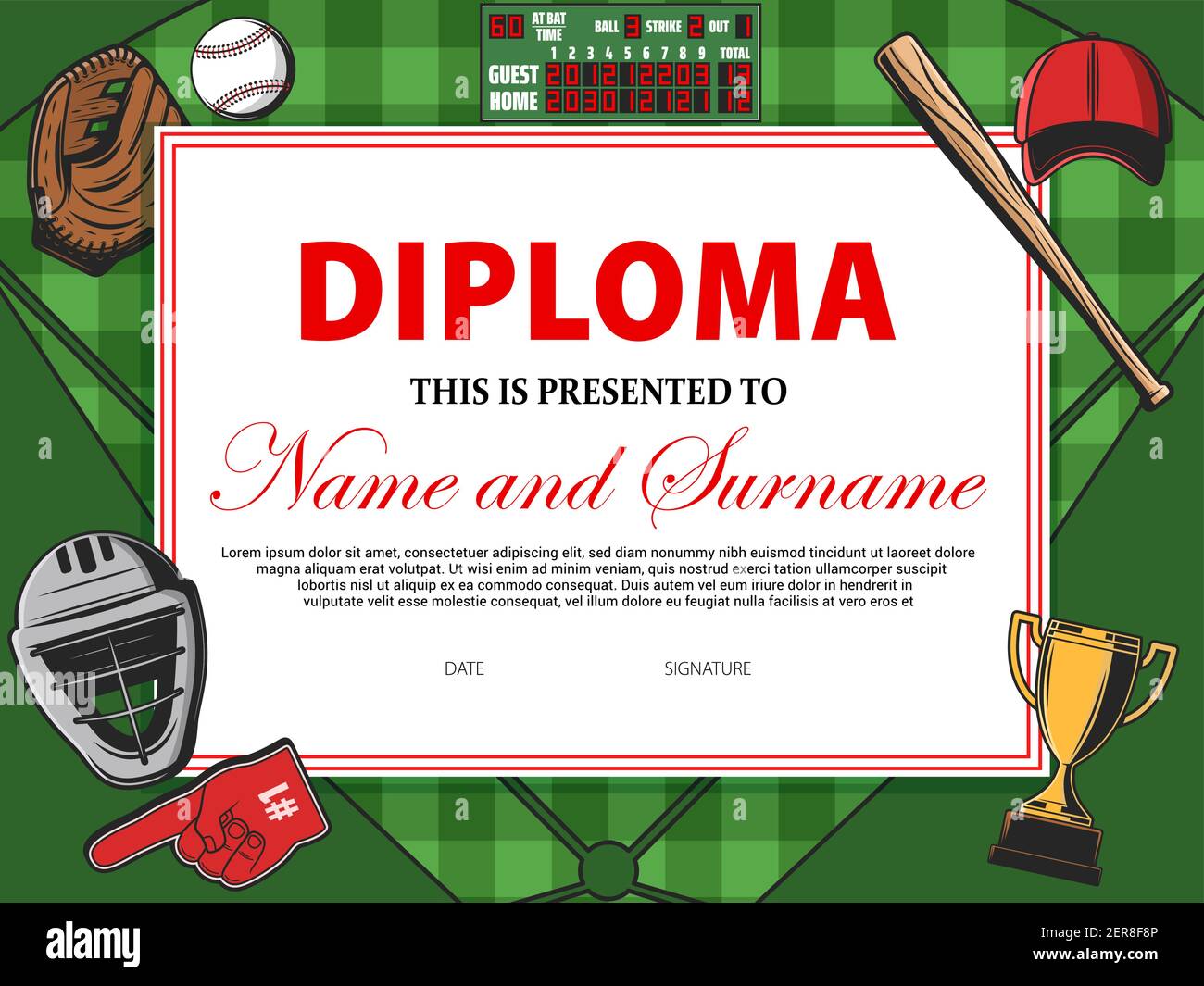 Baseball certificate, sport award diploma and cup winner appreciation ...