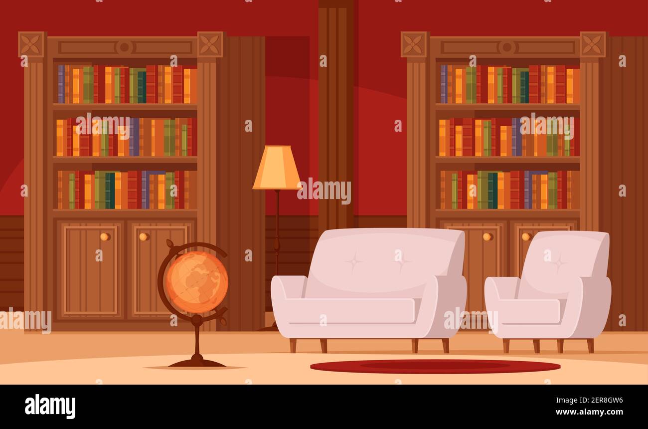 Traditional library interior flat orthogonal composition with ...