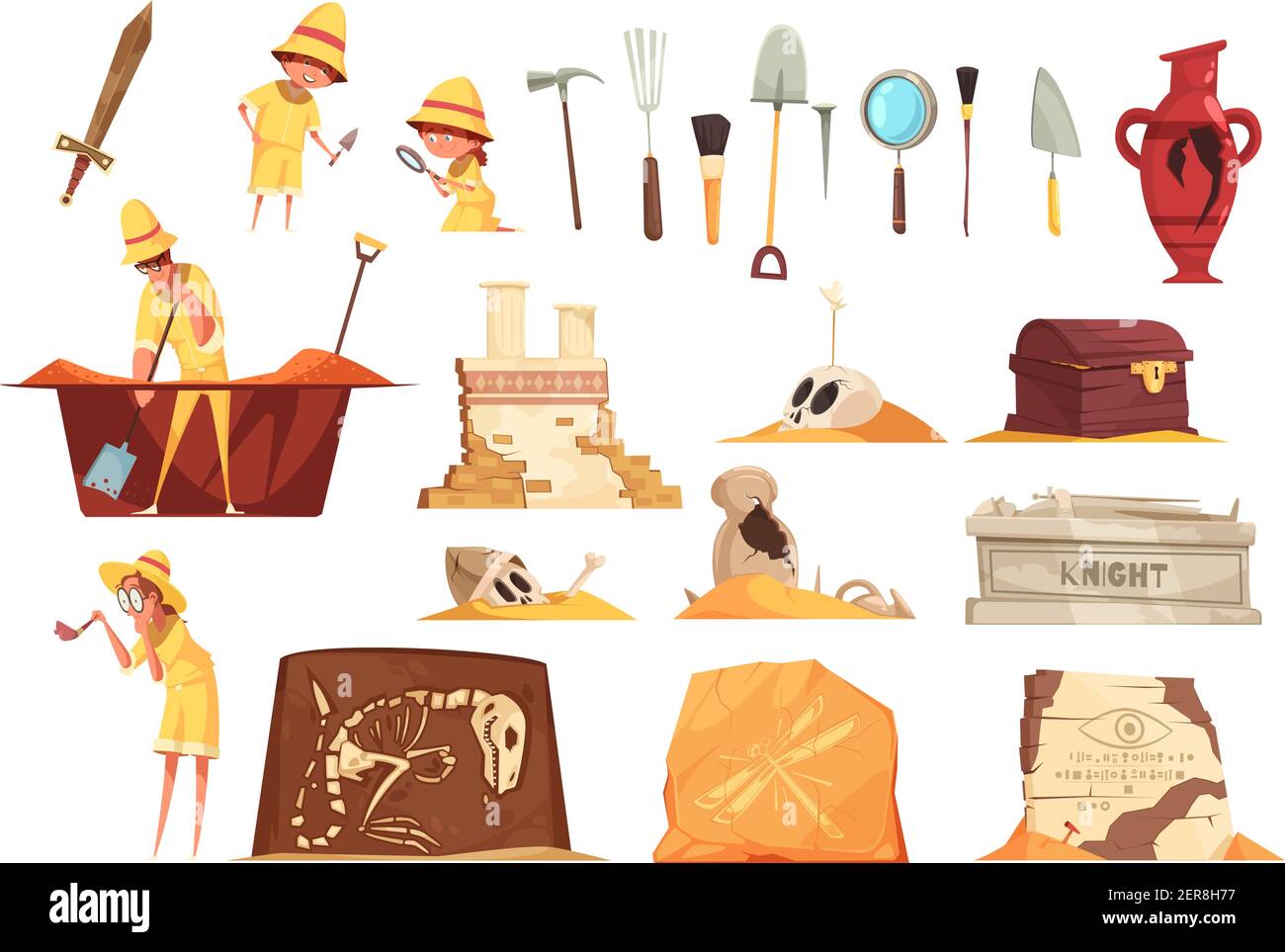 Archeology set of icons with explorers, science equipment, ancient ...