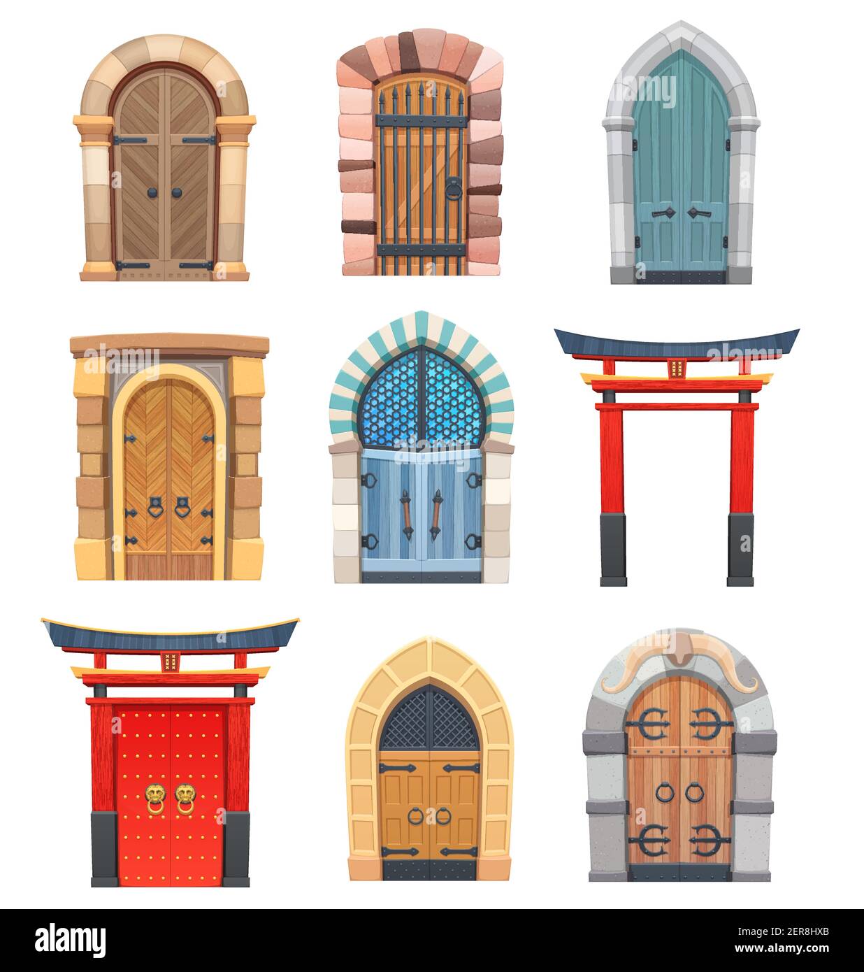 Cartoon gates and doors vector wooden and stone medieval asian ...