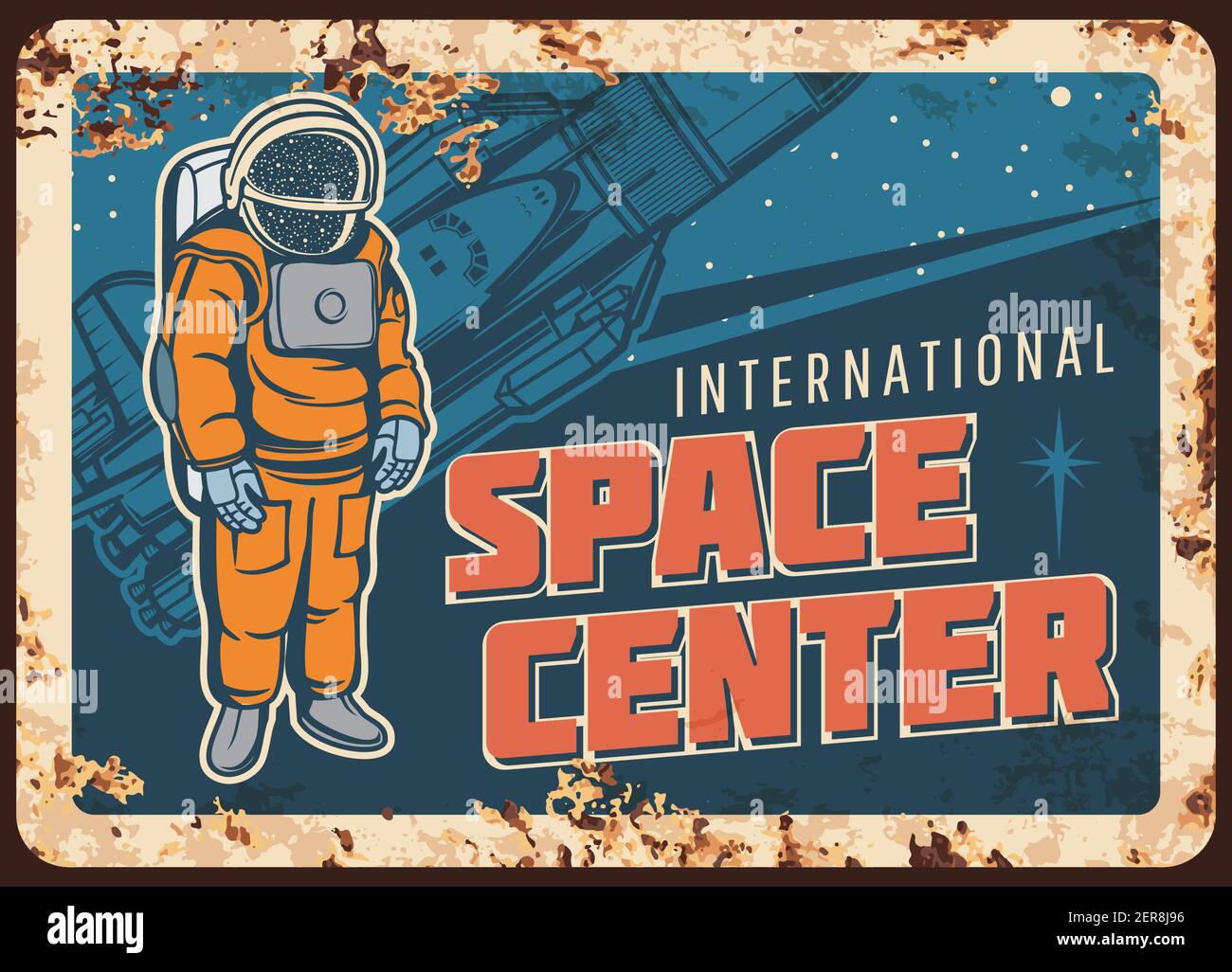 Space center vector rusty metal plate. Astronaut in outer space ...