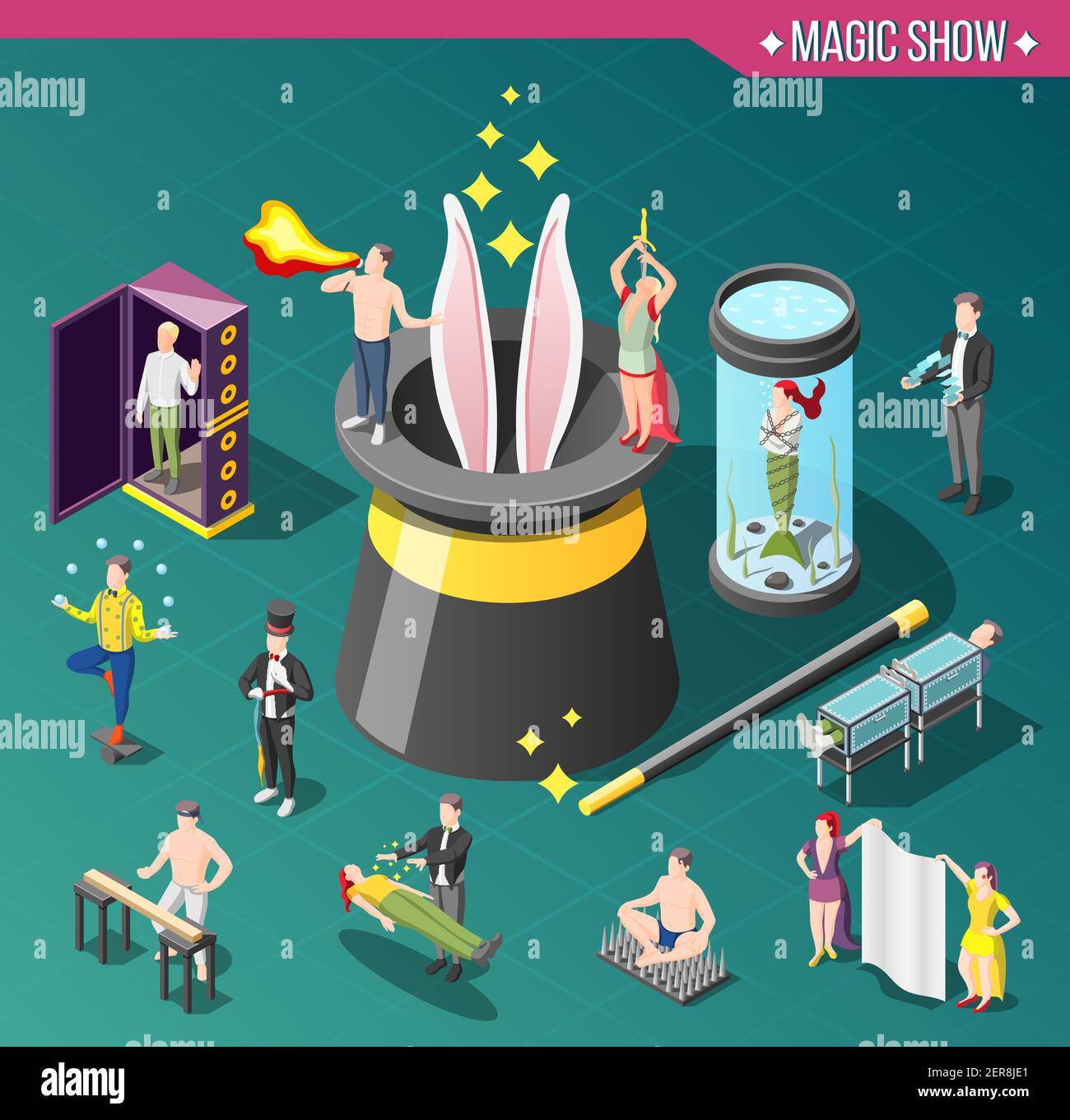 Magic show isometric composition with bunny in hat, danger tricks ...