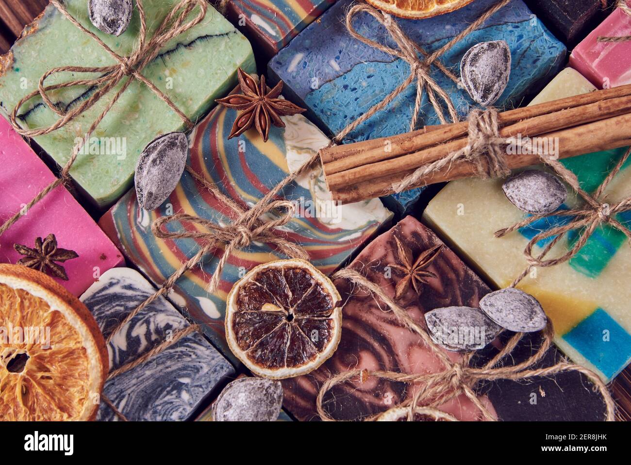 Full frame natural handmade soap as a backdrop. Organic products ...