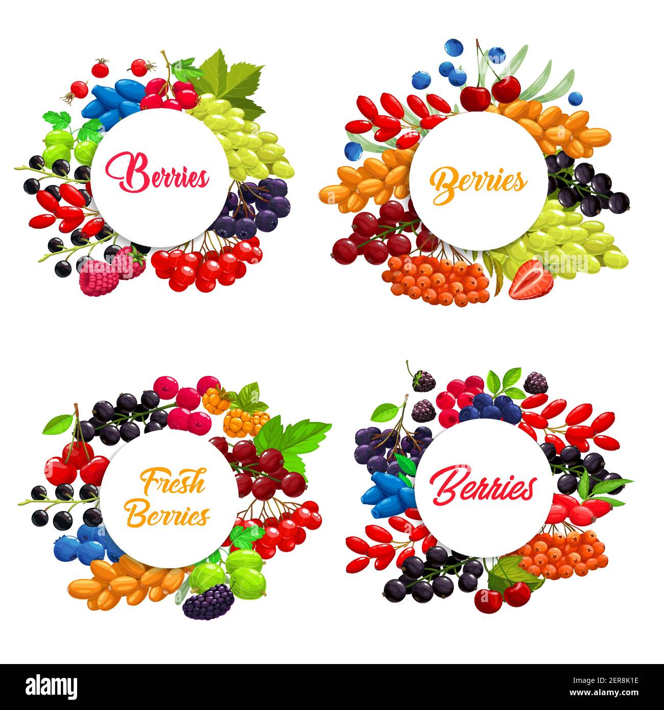 Cartoon berries vector round frames. Strawberry, white grape and ...