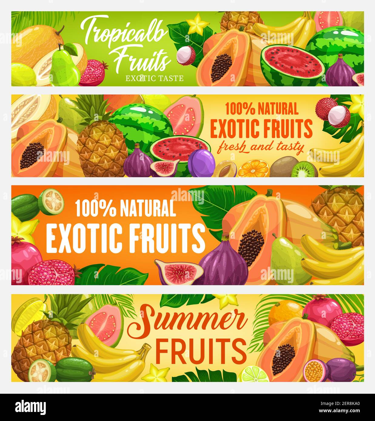 Fresh fruits bannners. Vector cartoon pineapple, banana or grapes ...