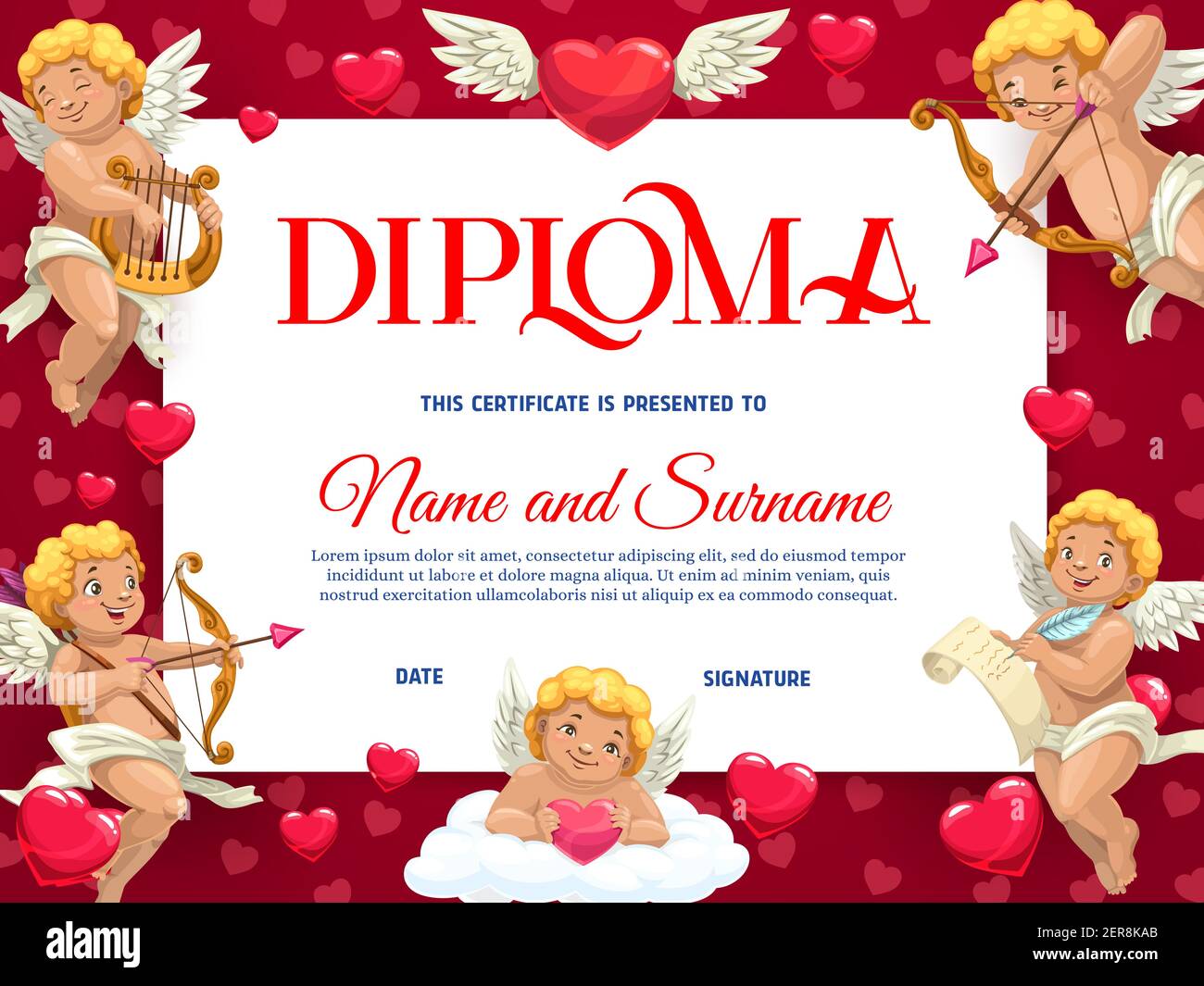 Saint Valentines day kids diploma template with cherubs characters ...
