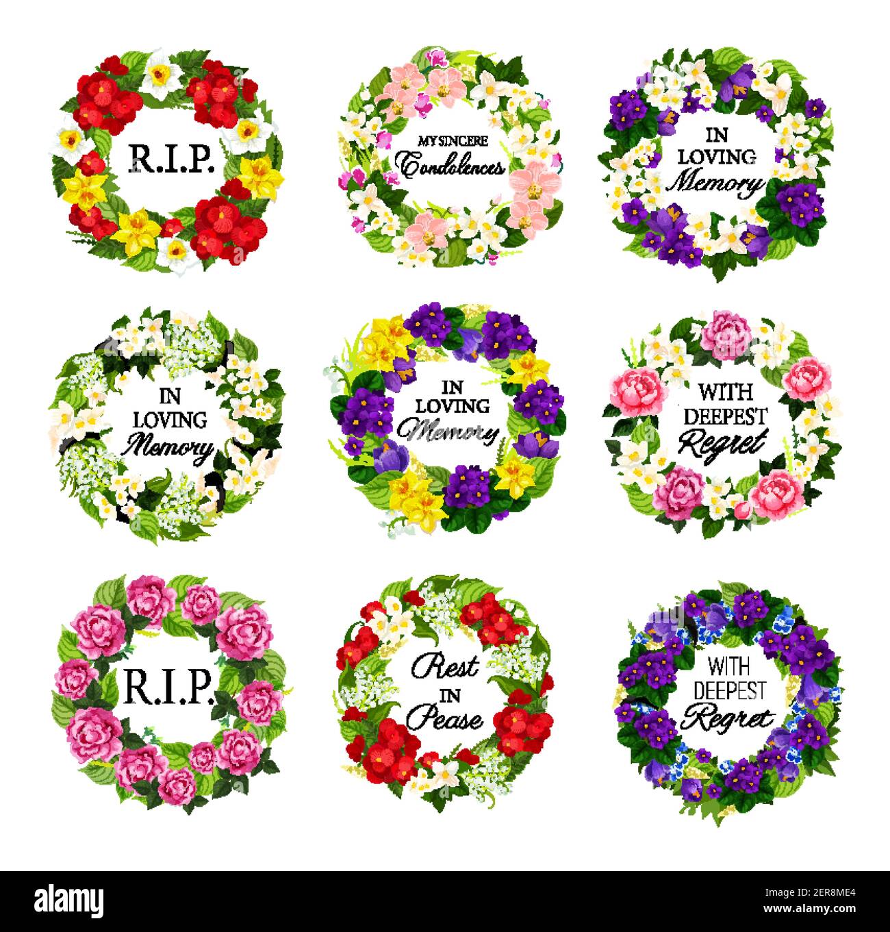 Funerary flower wreath with condolences set. Funeral vector round ...