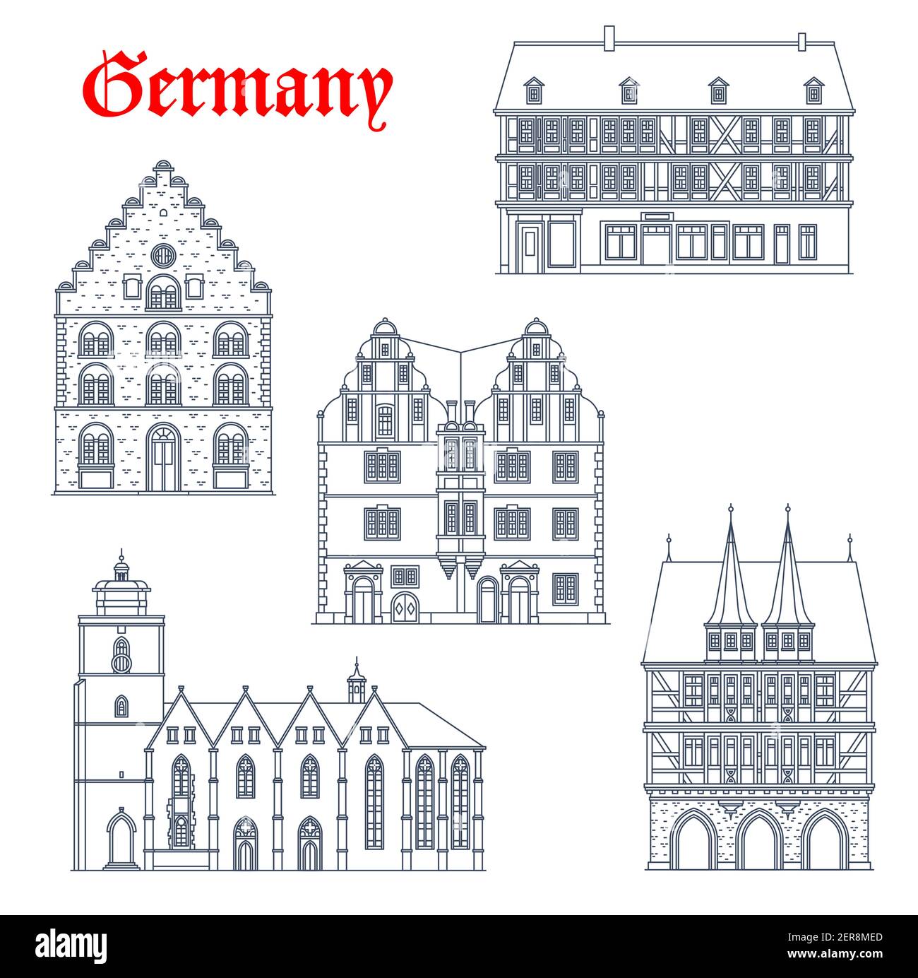 Germany landmarks architecture in Hesse, vector icons of churches and ...