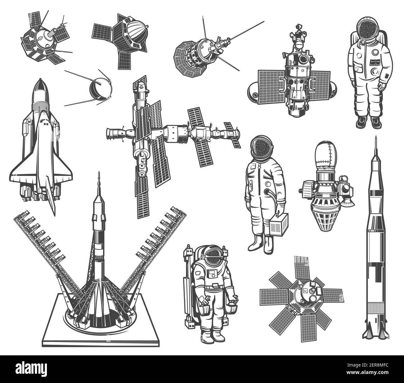 Space exploration vector icons astronaut, rocket and satellite with ...