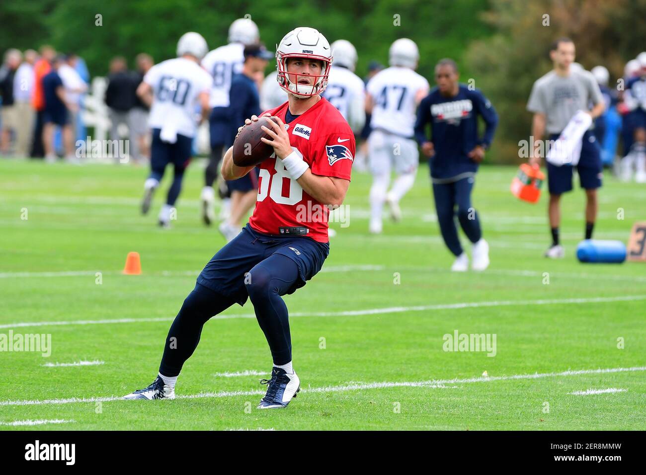 May 22, 2018: New England Patriots quarterback Danny Etling (58) makes ...