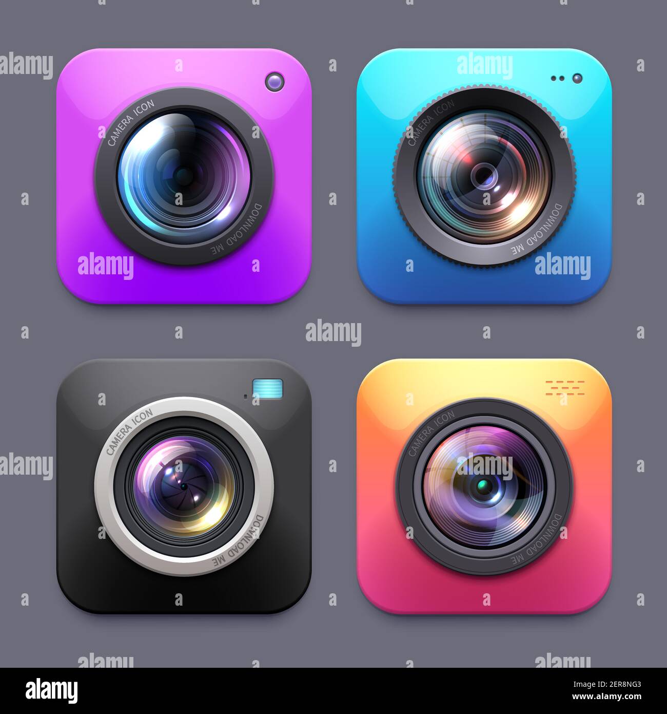 Photo and video cameras with lens flare vector icons, isolated digital ...