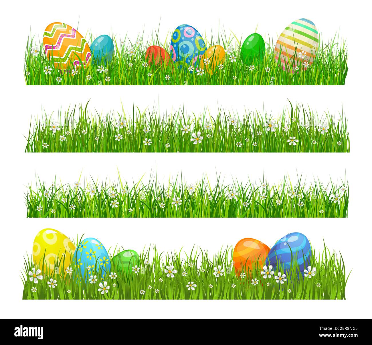 Easter green grass with eggs and flowers, cartoon vector borders. Painted eggs lying at green ...