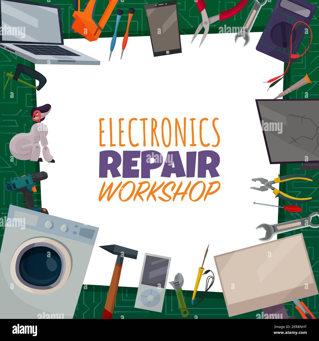 Colored electronics repair poster with electronic repair workshop ...