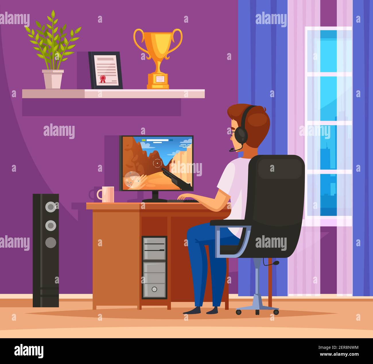 Cybersport gaming character cartoon composition with young man wearing ...