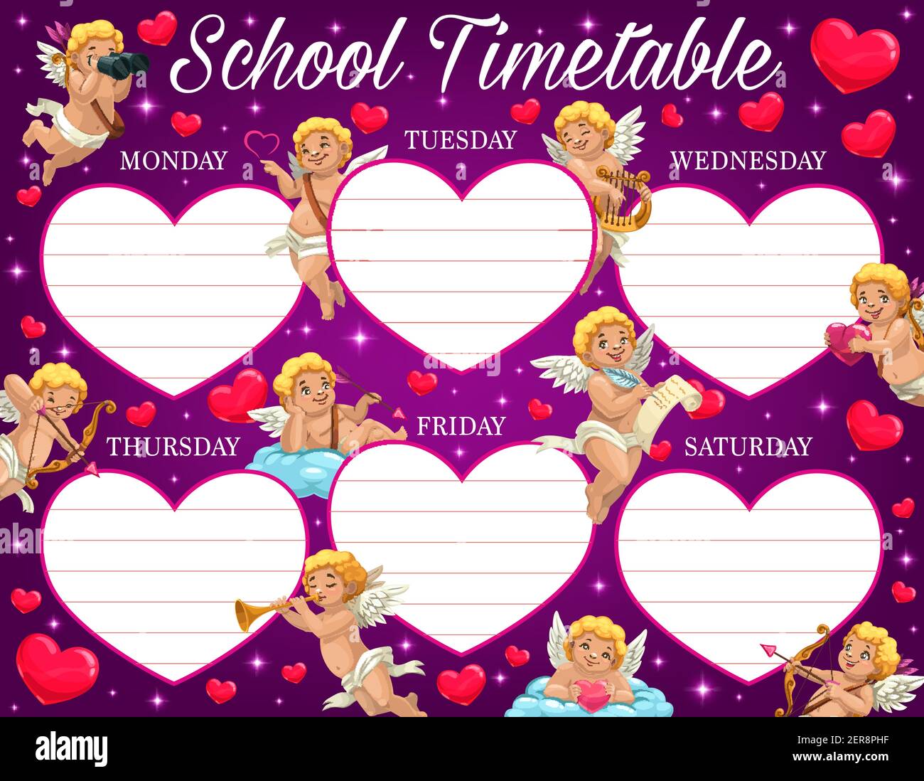 Valentine day child school timetable with amours characters. Kids ...
