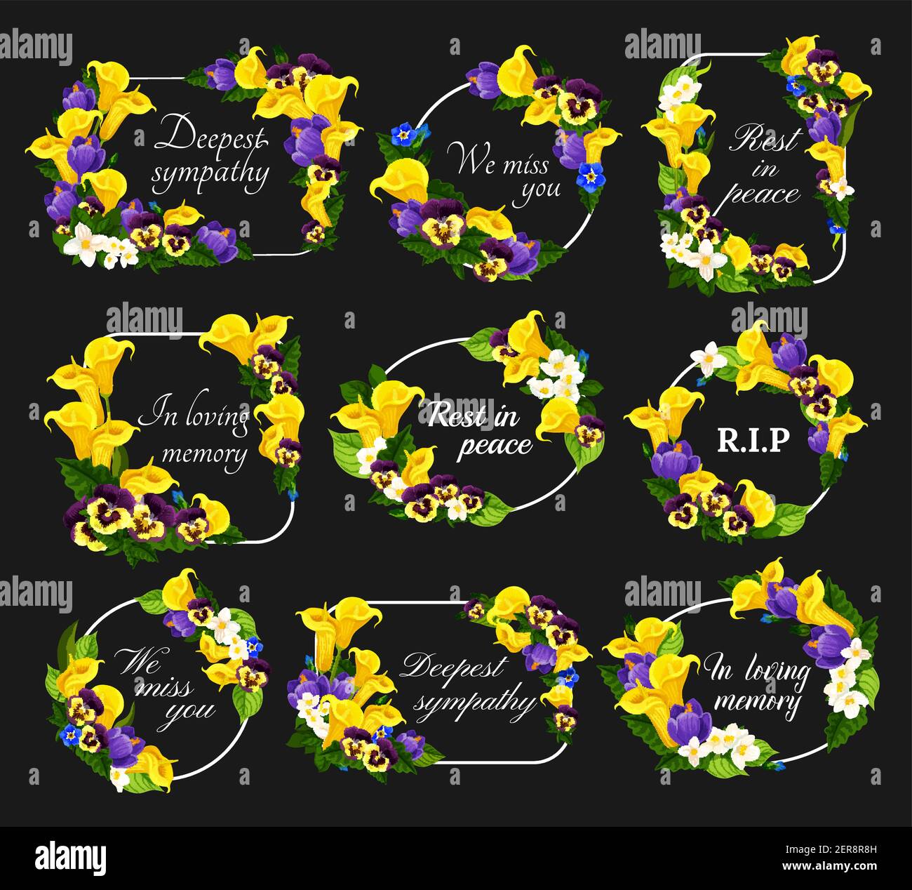 Funeral cards, vector vintage condolence floral wreaths, ornament with ...