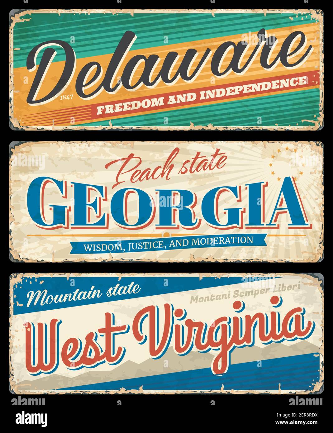 American states, Delaware, Georgia and West Virginia vintage vector ...