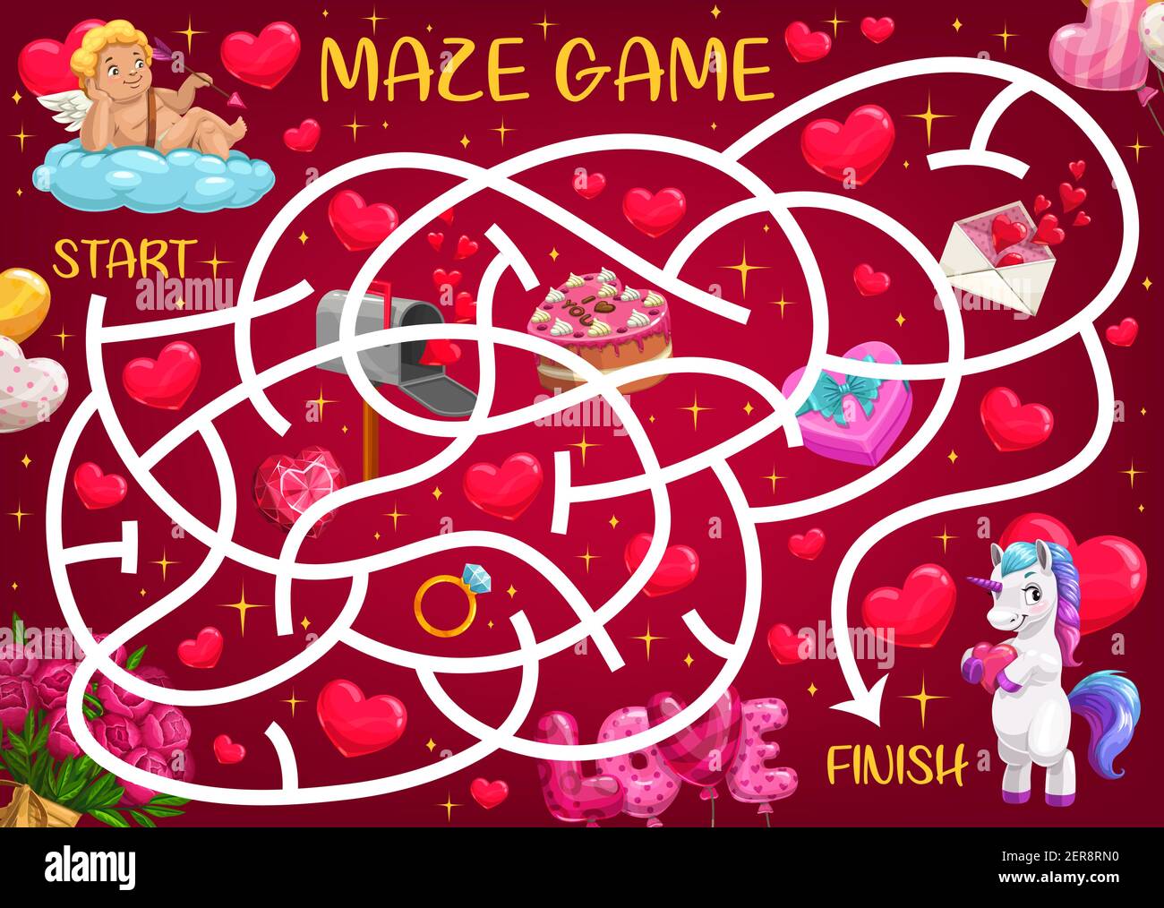 Saint Valentine day maze for kids with cupid, unicorn and romantic ...