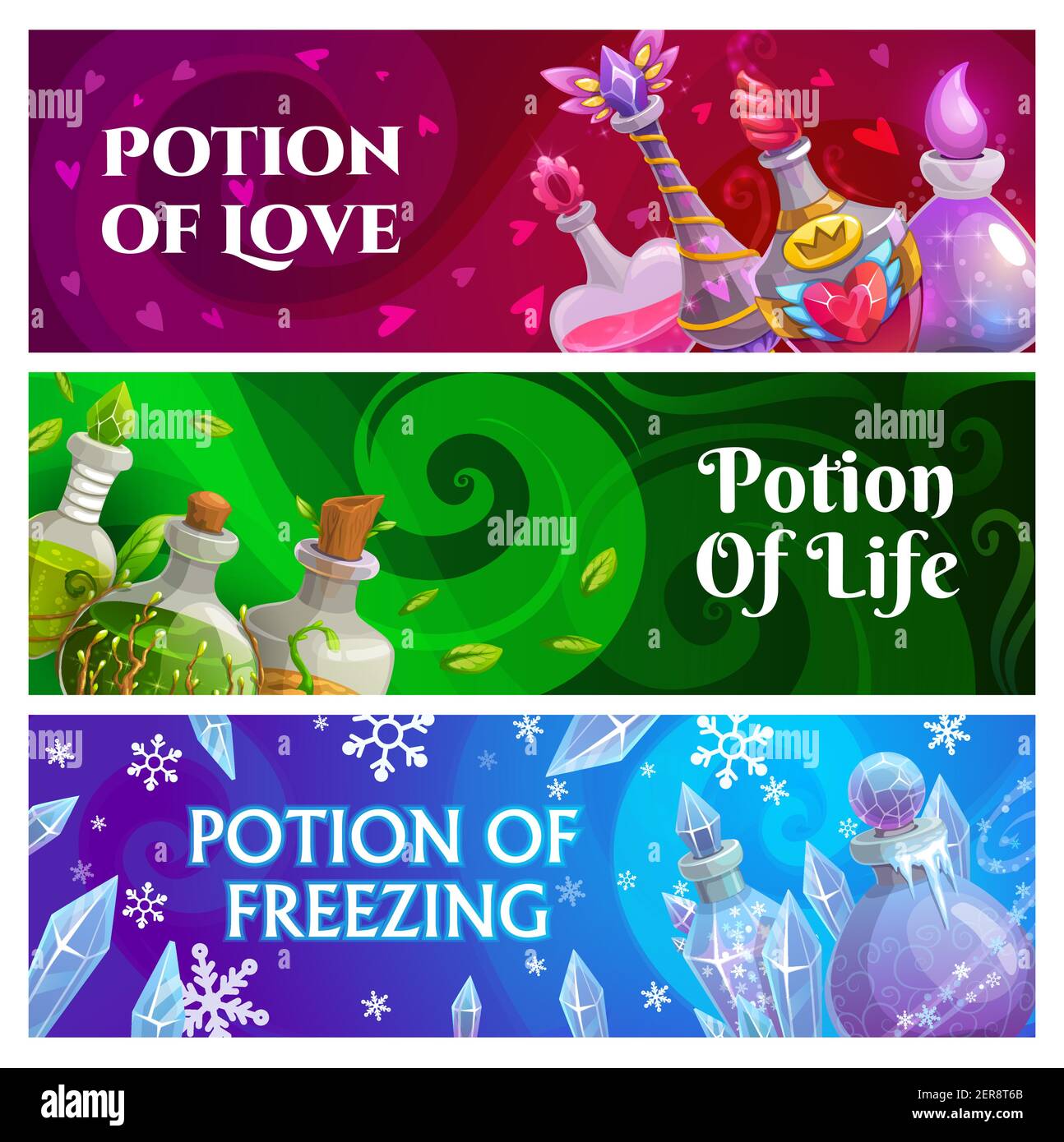 Witch or sorcerer magic potions banners with fairytale glass bottles ...