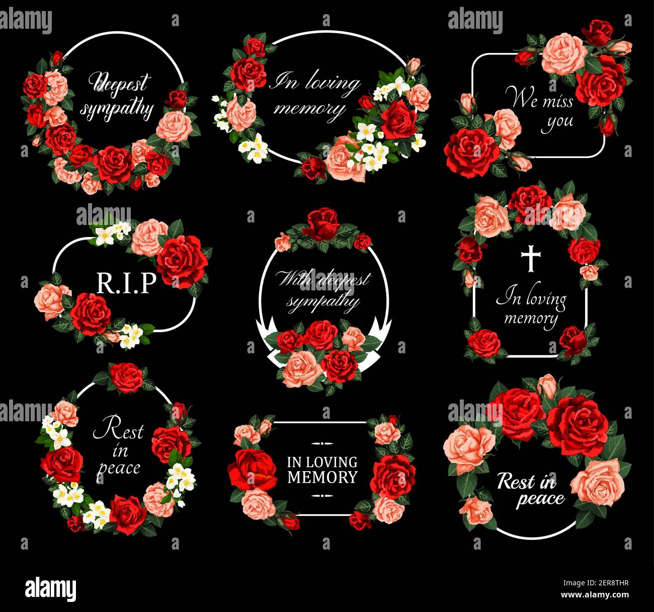 Funeral vector cards with red and pink rose flower wreaths. Obituary frames with engraved floral ...
