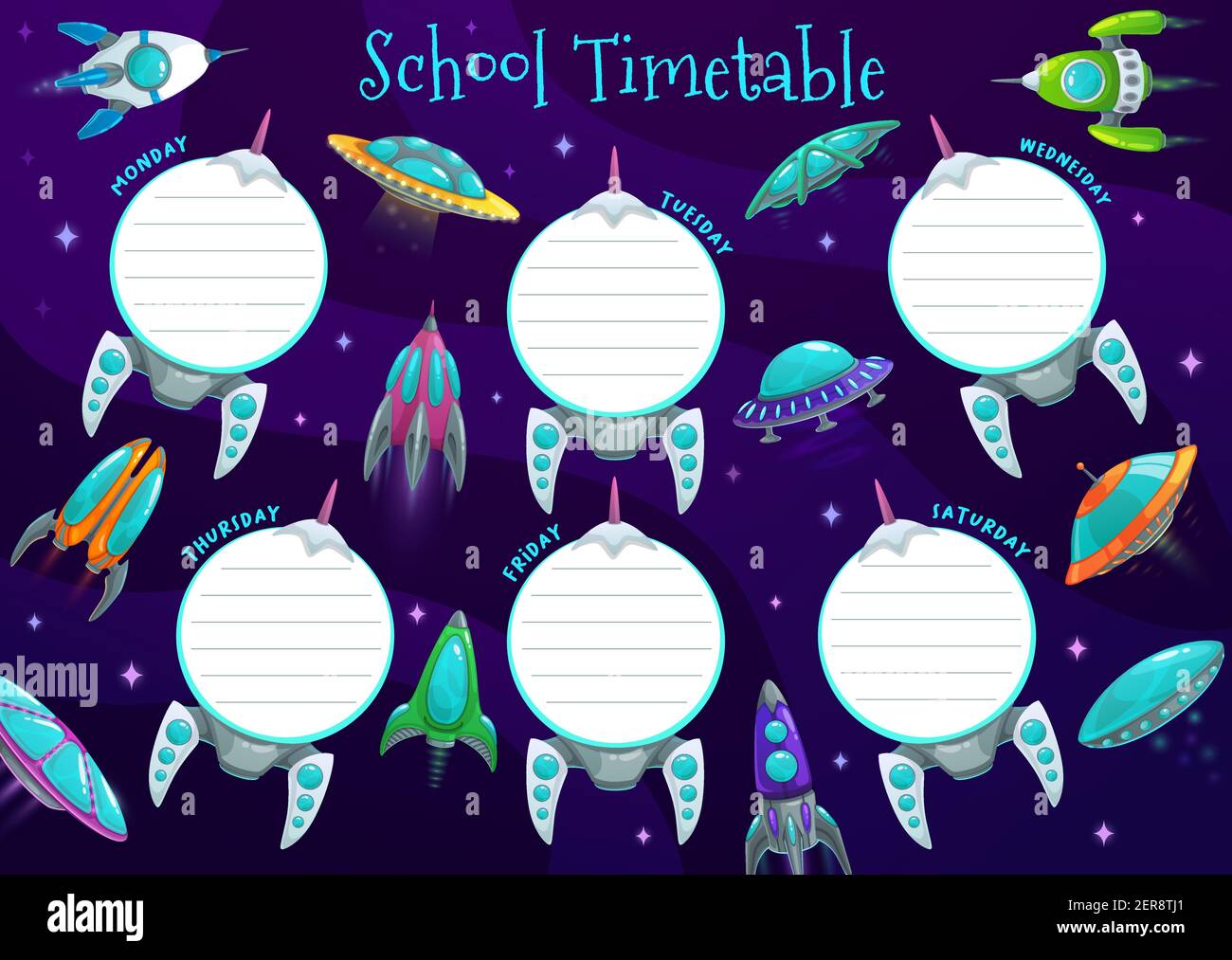 School timetable schedule with spaceships, vector template. Education ...