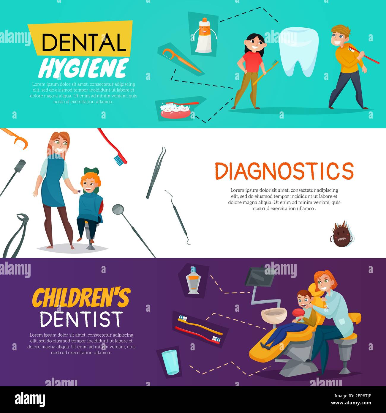 Tree pediatric dentistry horizontal banner set with dental hygiene ...